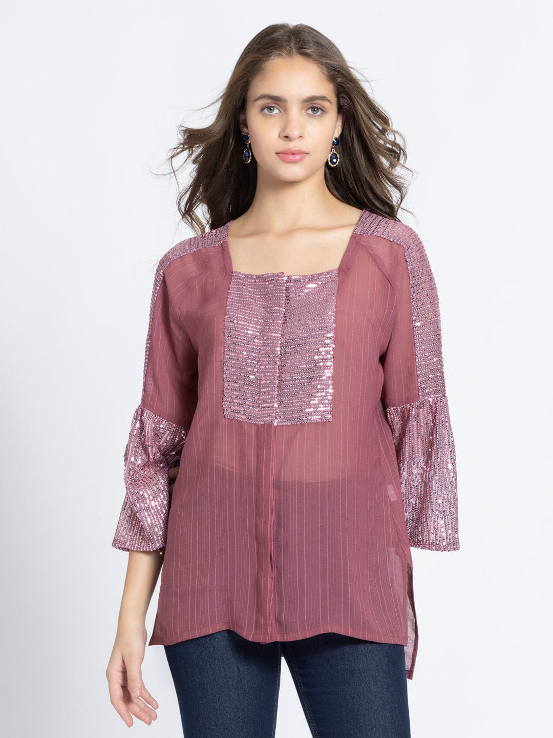 Dusk Rose Sequin Panelled Front Open Kurti | Buy Kurti for women ...
